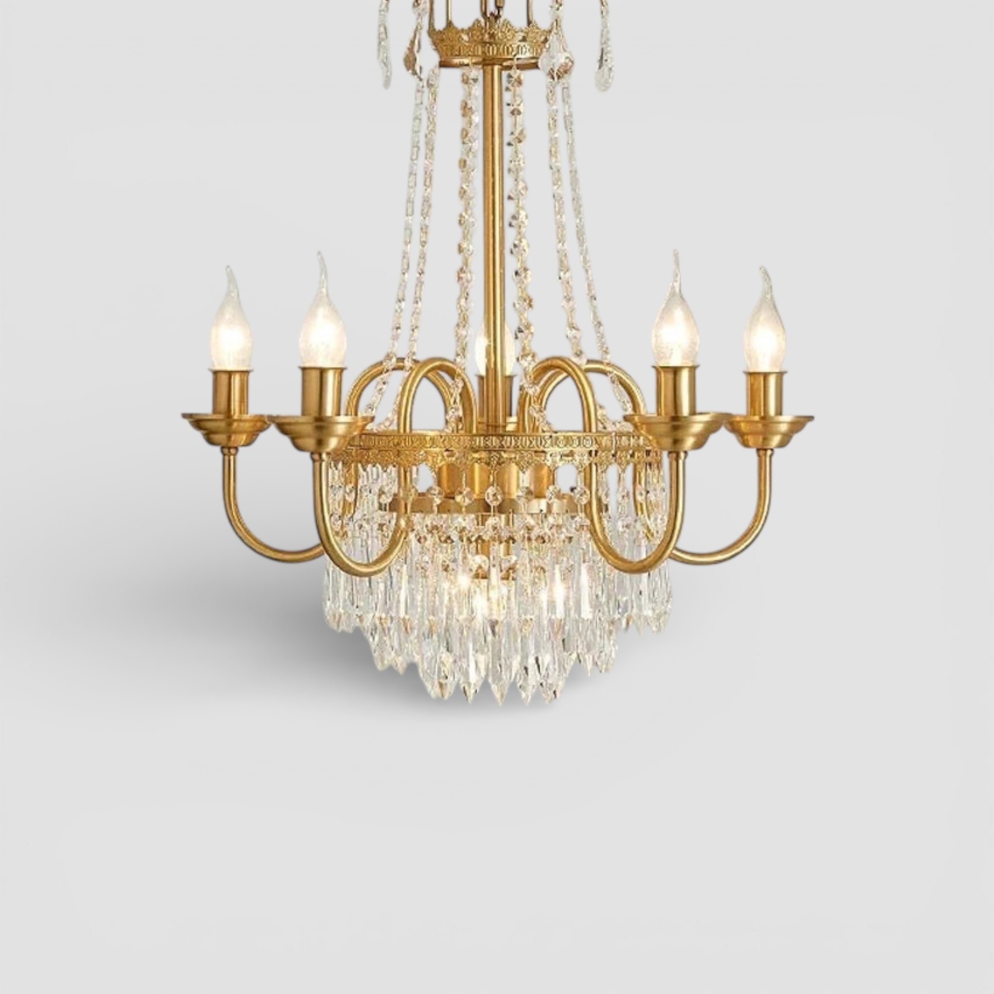 Gold basked chandelier with crystal fringe – LuxelyLight